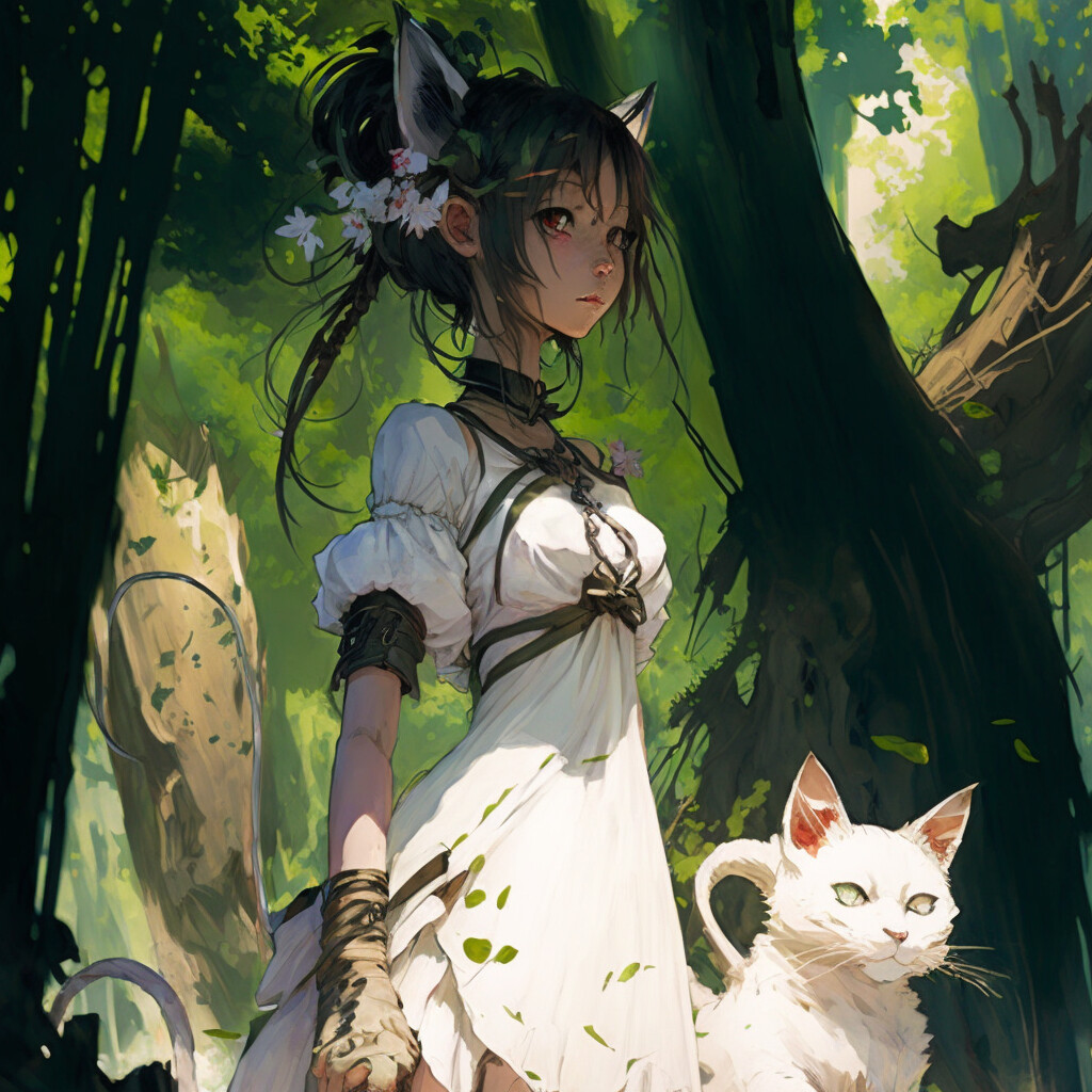 ArtStation - Catgirl in forest with her kitty
