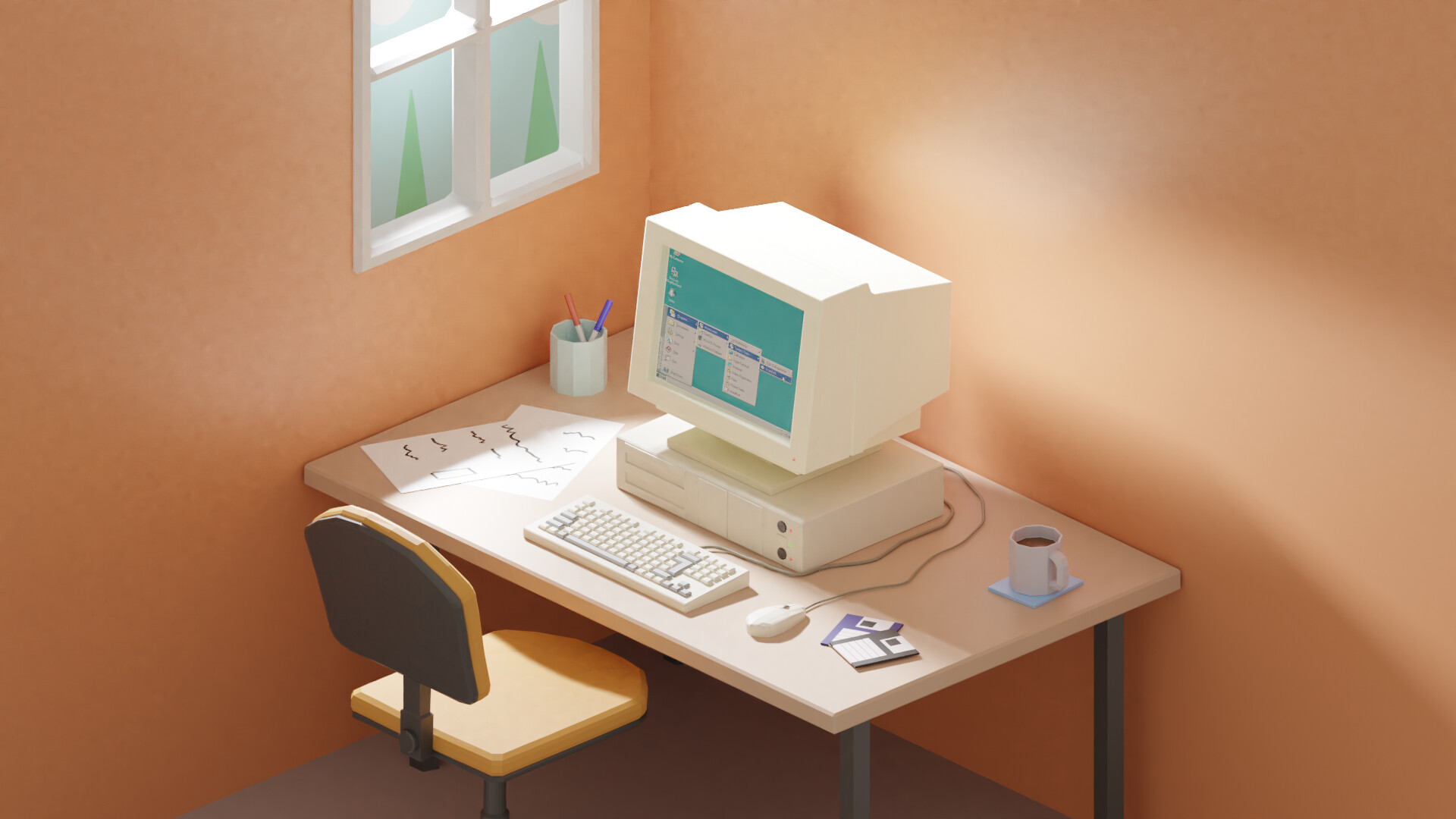 ArtStation - Low Poly 90's computer setup