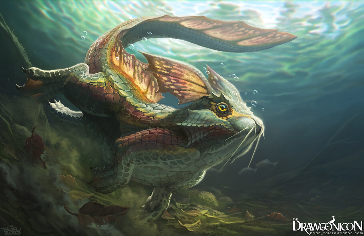 Red Sailfin River Drake by Brian Valeza : r/ImaginaryBeasts