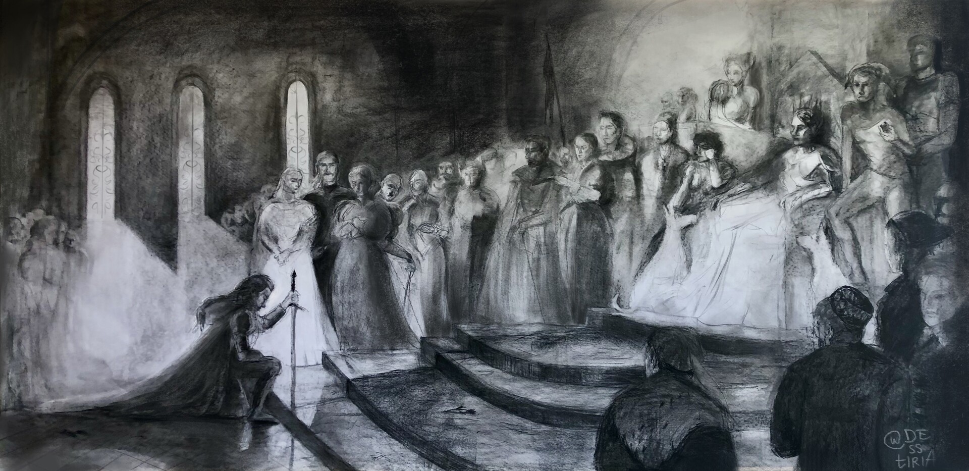 ArtStation - Fantasy Illustration Throne Hall Scene in Charcoal