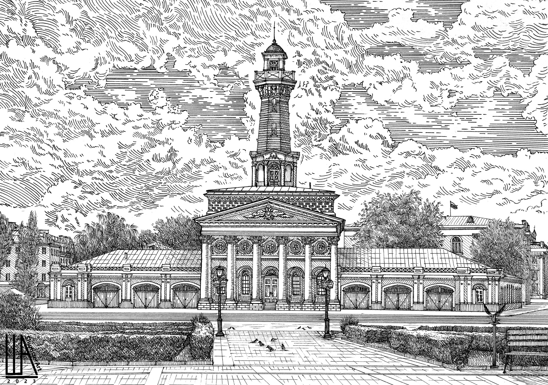 ArtStation - Fire Tower. Kostroma. Engraving drawing