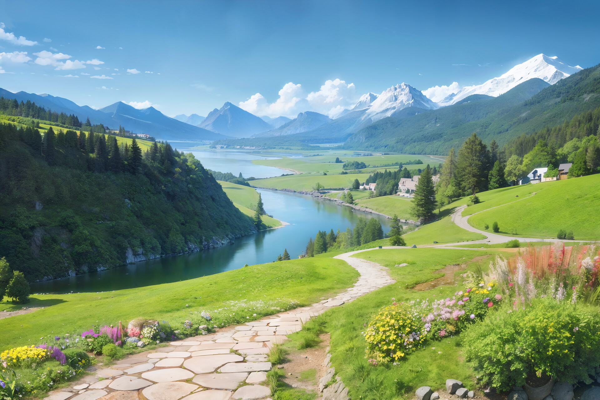 ArtStation - Stone path, waterfall and mountains