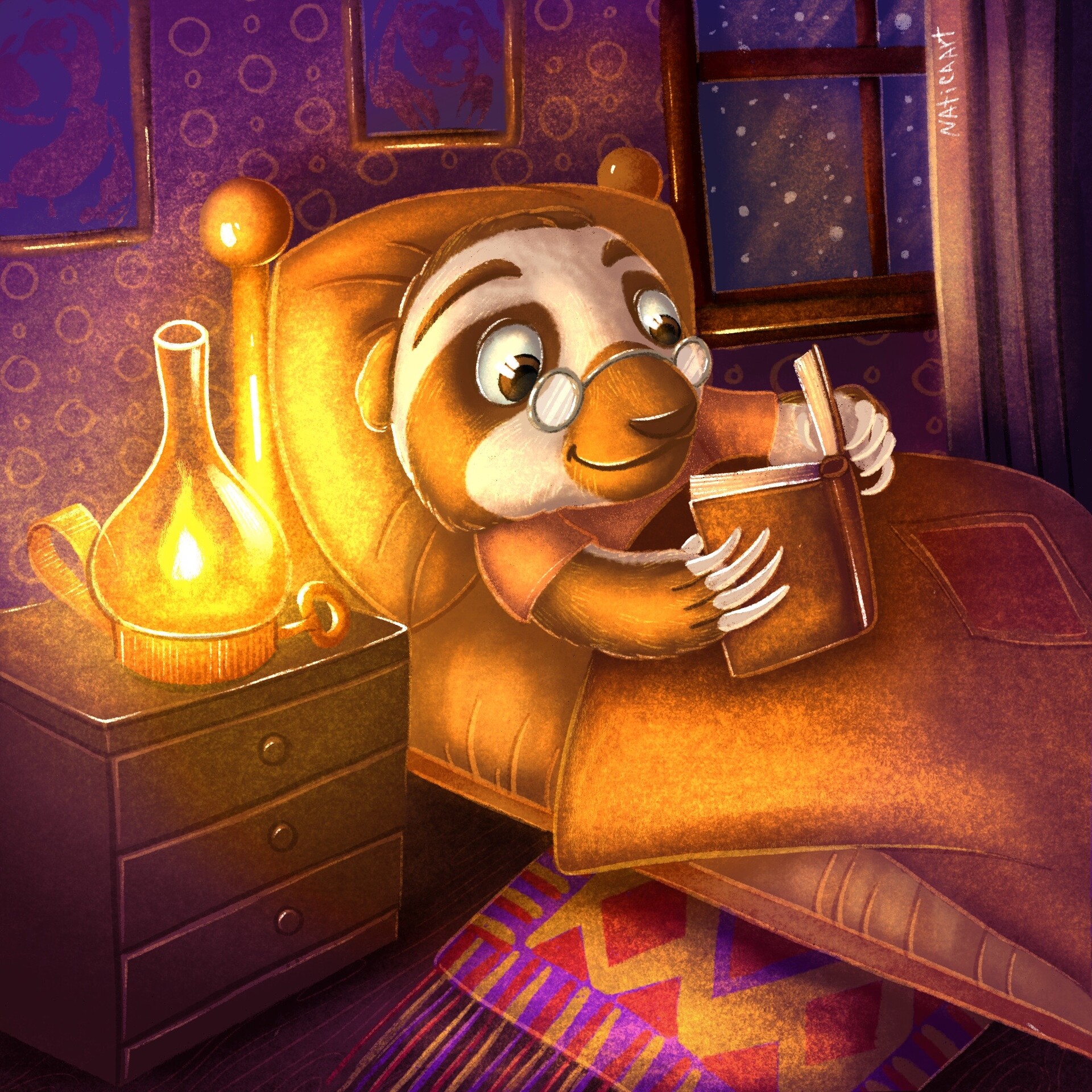 ArtStation - Sloth reading a book in bed