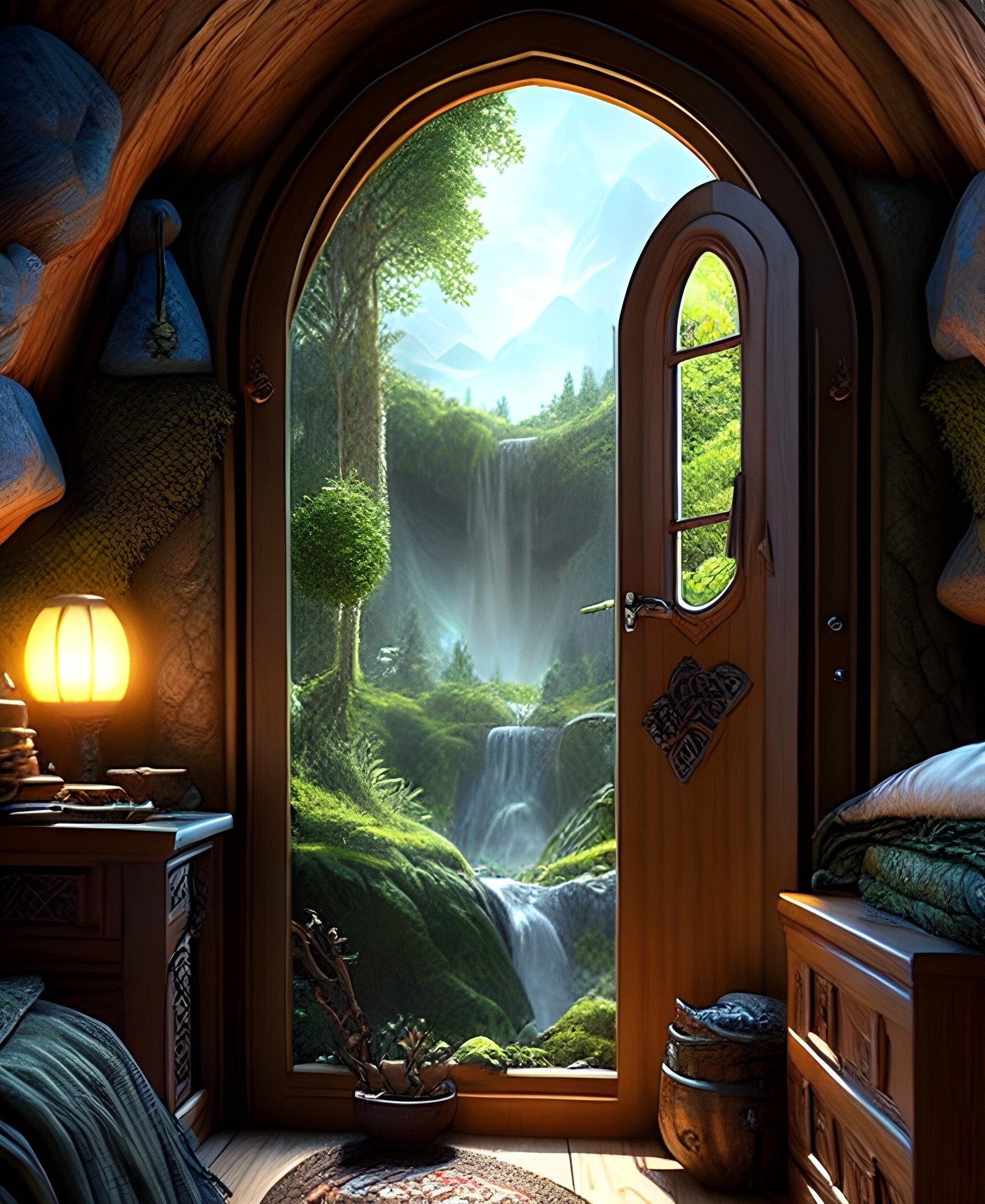 ArtStation - Hobbit interior bedroom with woodland and waterfall view