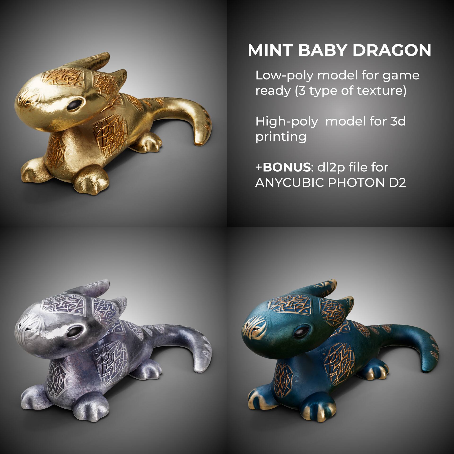 ArtStation - High-poly and low-poly statue of mint baby dragon 3D print ...