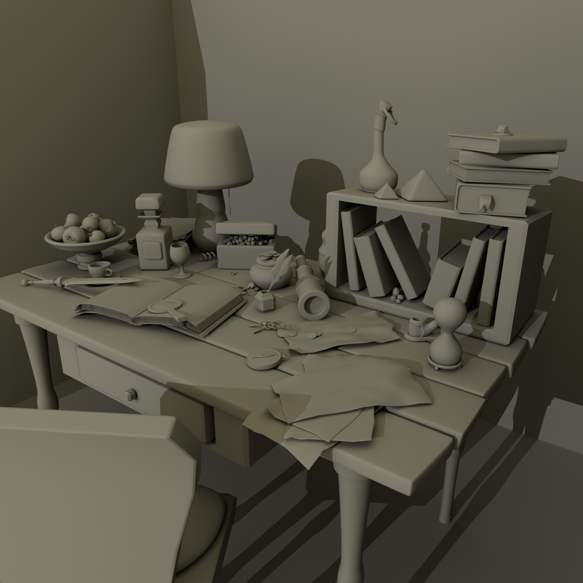 ArtStation - Treveler's desk. Clay render