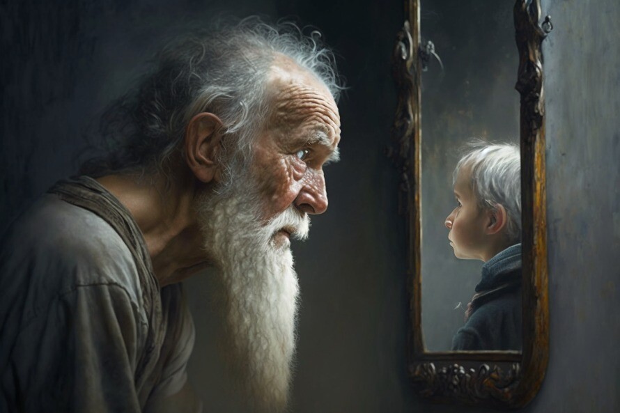 Checko Fresco - Old looks at young self in Mirror