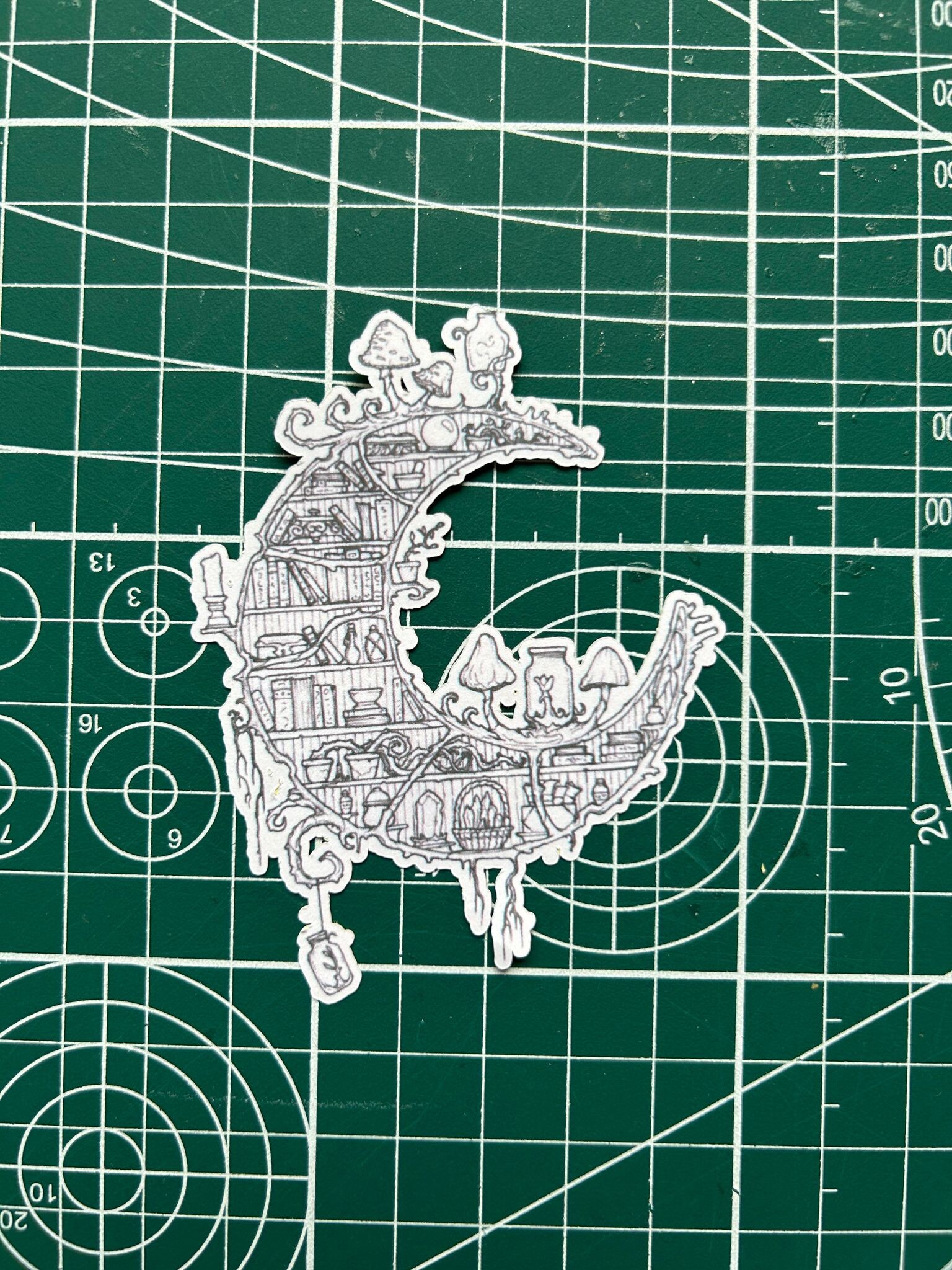 Sam Deacon - Library Moon (Cottagecore witchy) ink drawing