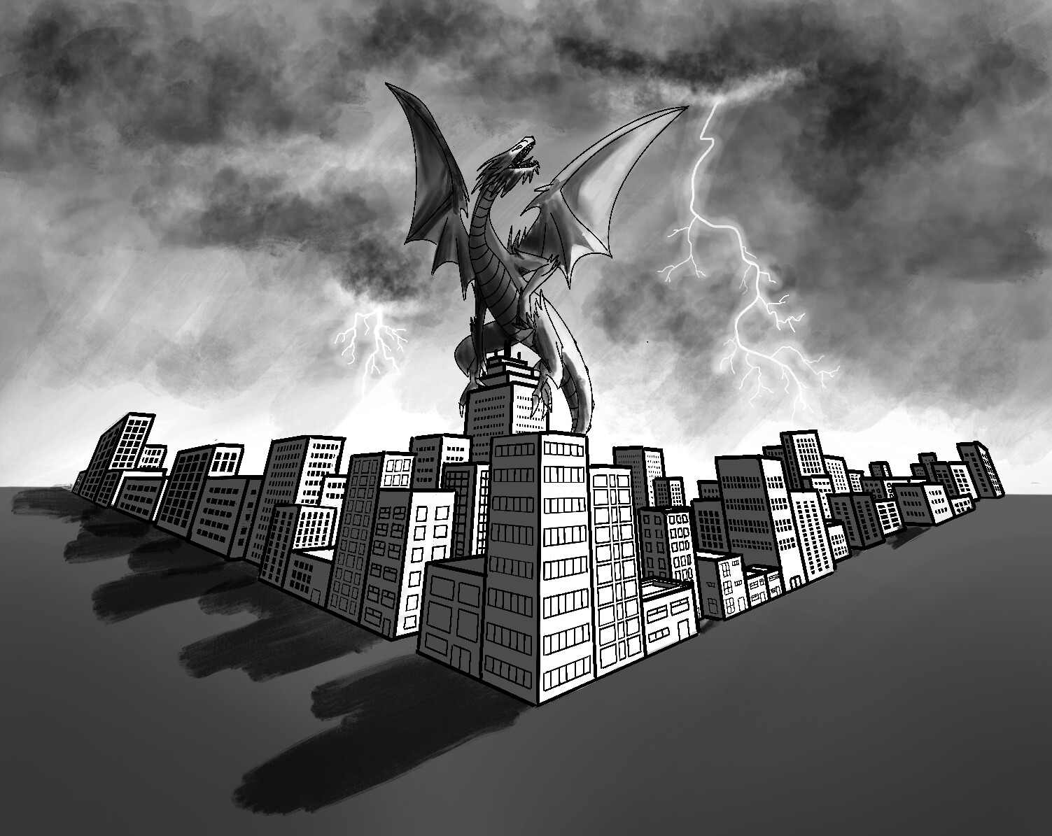 ArtStation - 3 point perspective dragon atop a city