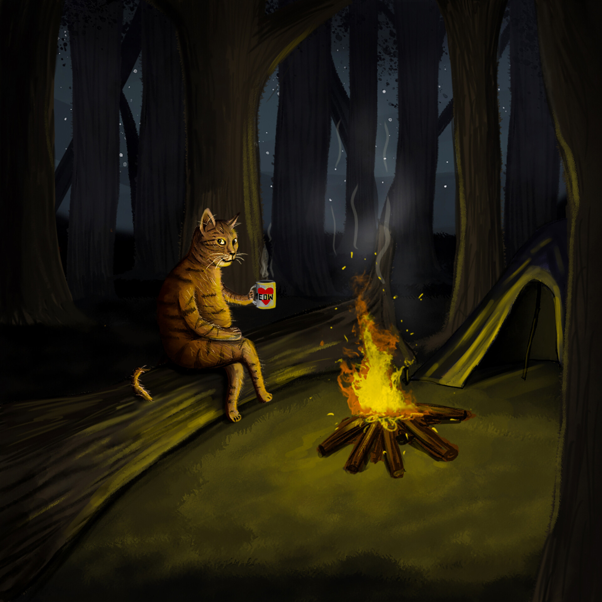 ArtStation - "Cat at Camping" Digital Illustration