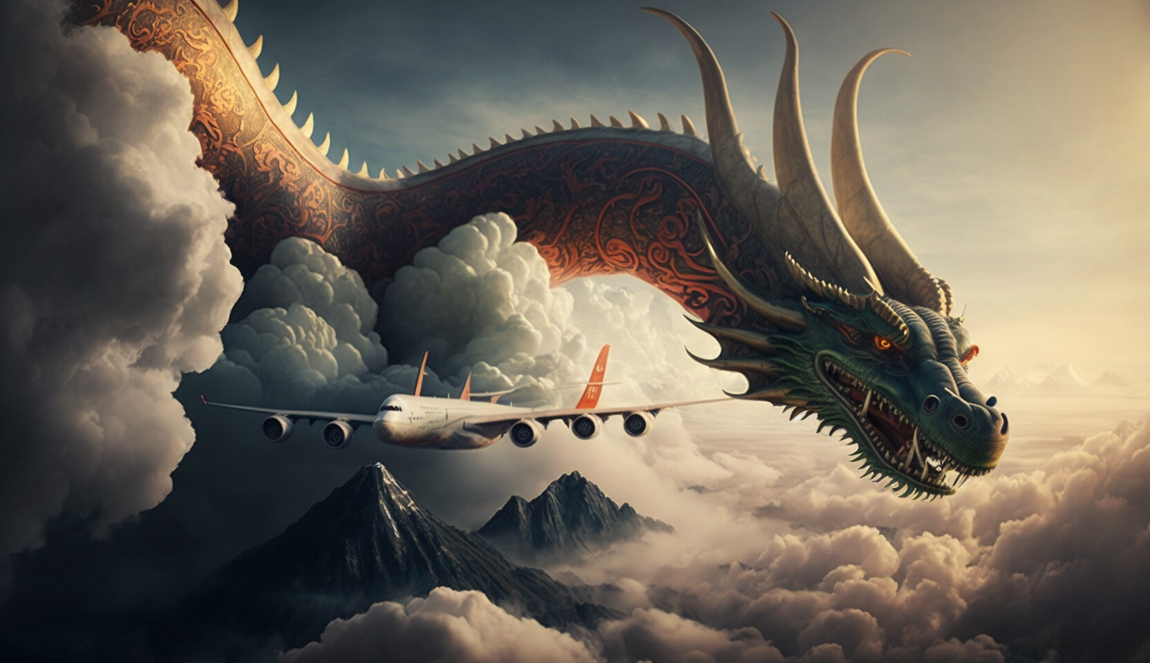 ArtStation - A Chinese dragon looks at a plane in surprise