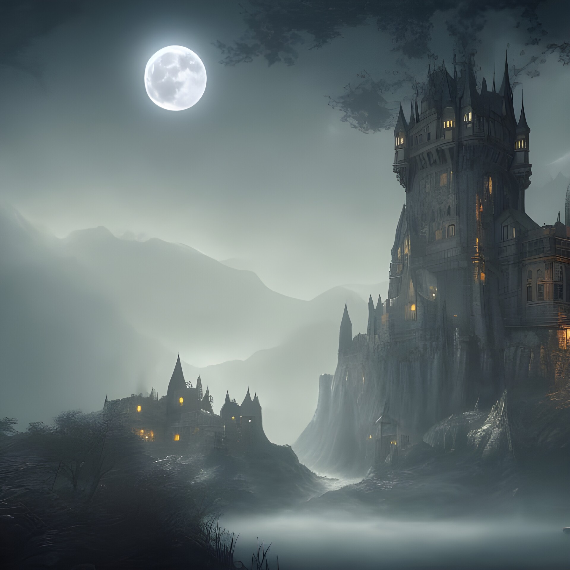 ArtStation - A castle on a moonlit night