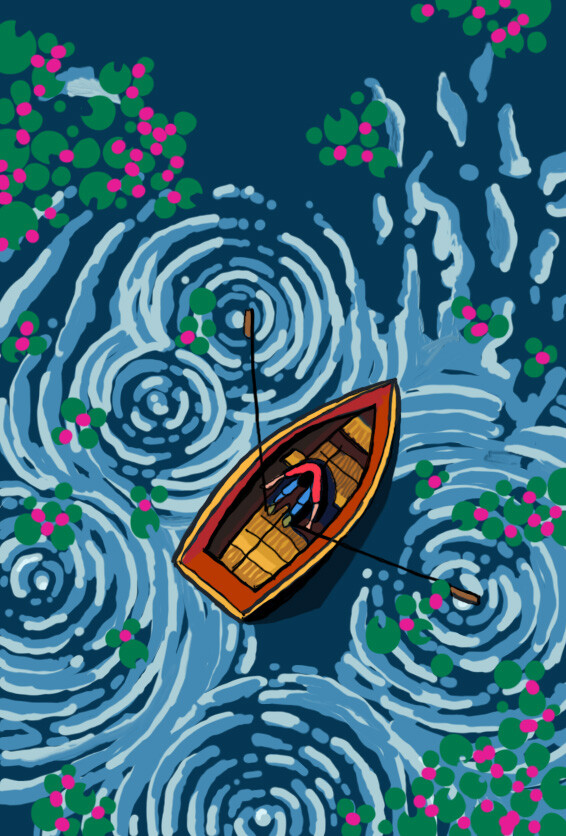 ArtStation - Man rowing a boat on a beautiful Lotus lake