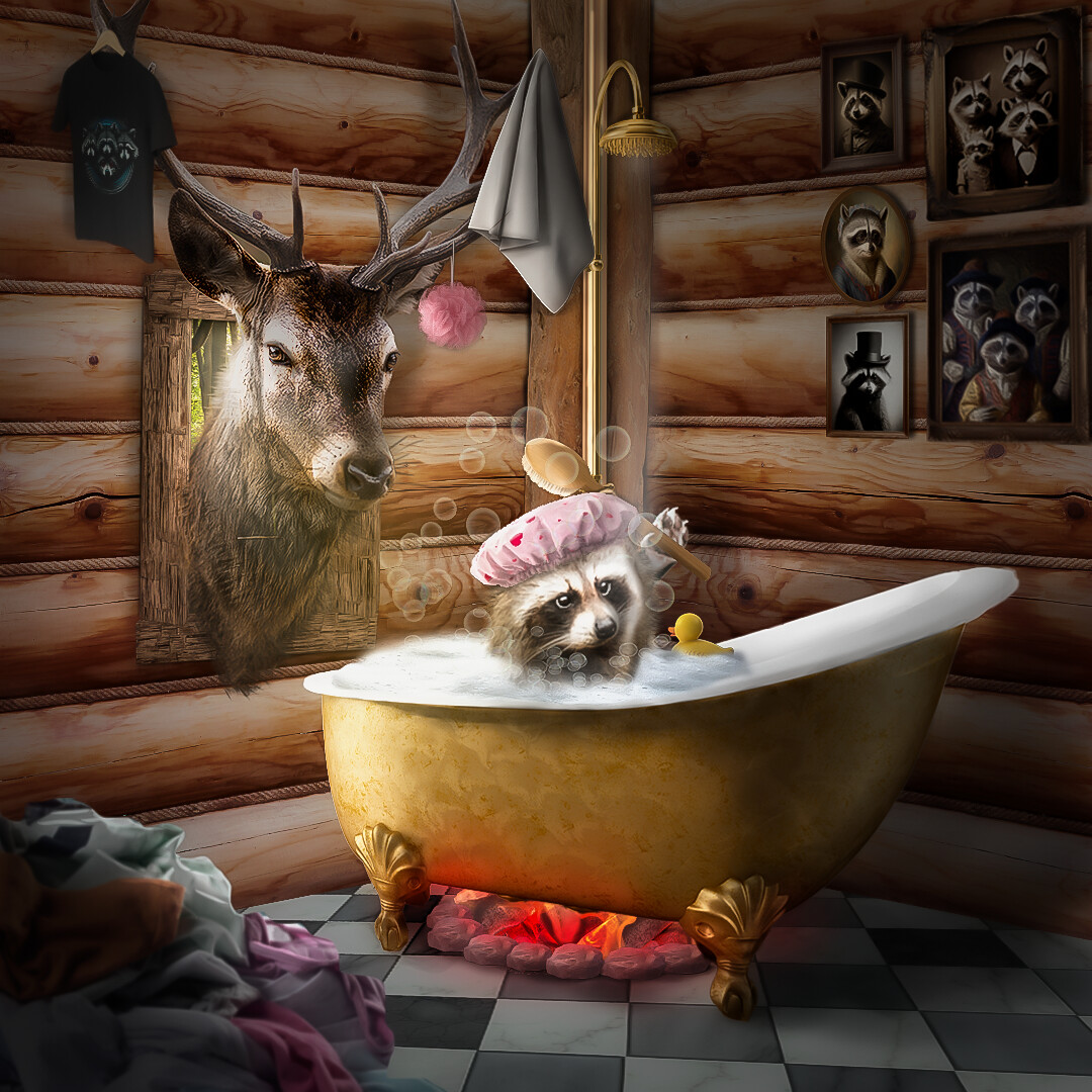 ArtStation - Bathing Racoon And friends