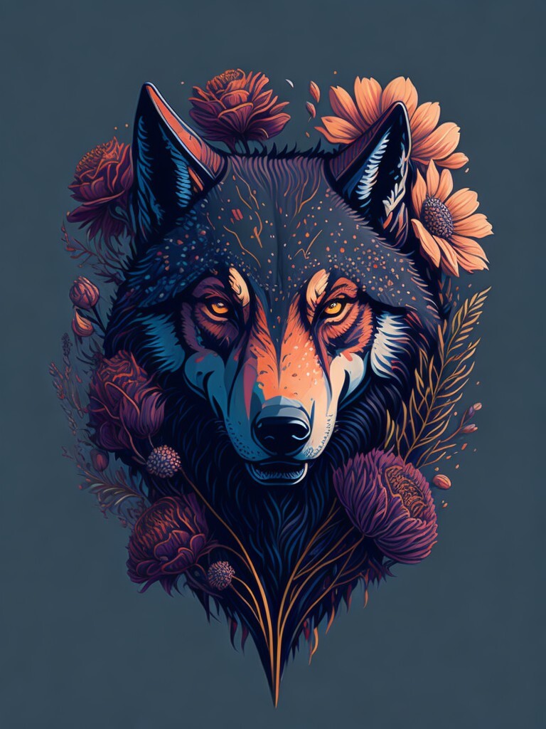 ArtStation - wolf and flowers