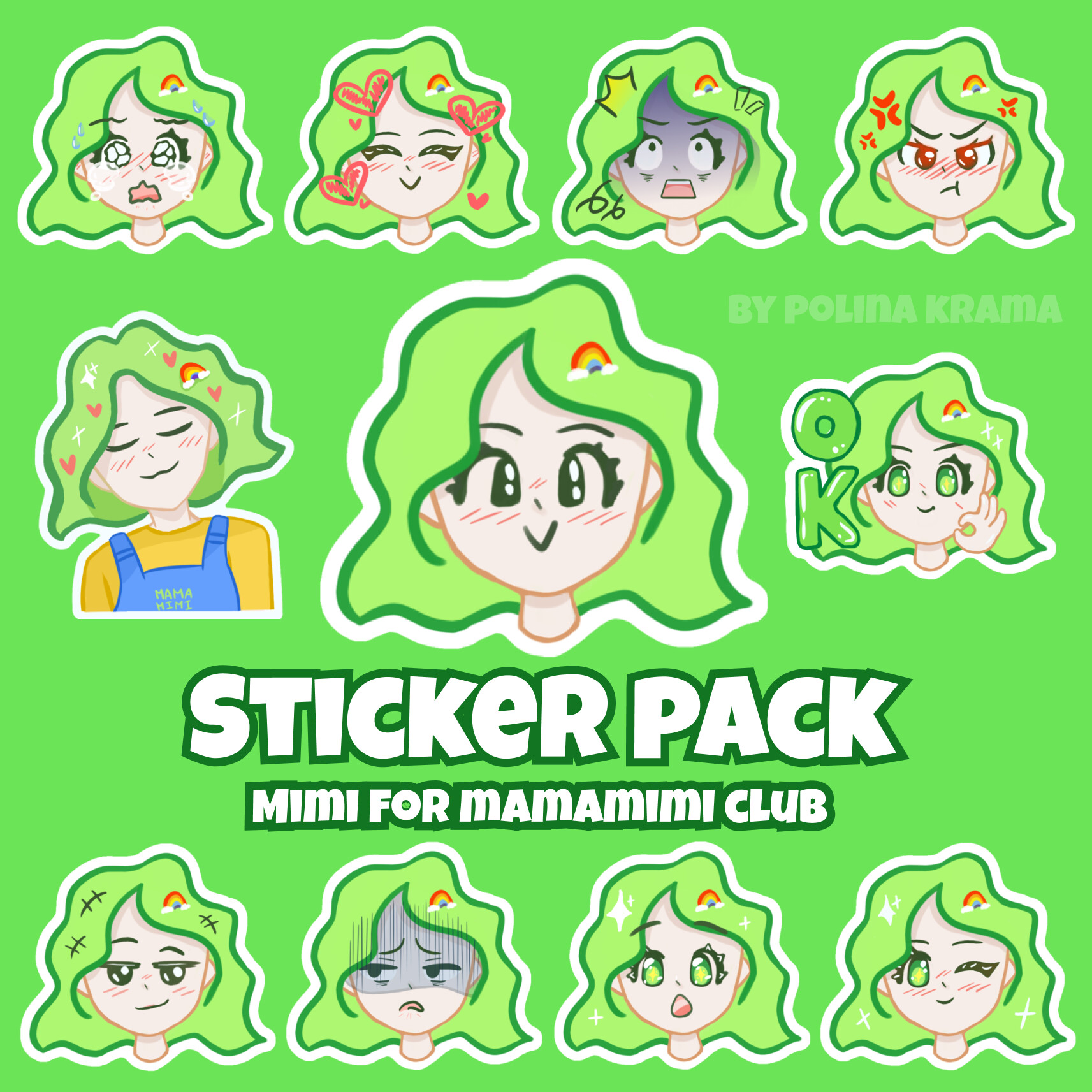 ArtStation - A Sticker pack with a green-haired girl. Mimi stickers for ...