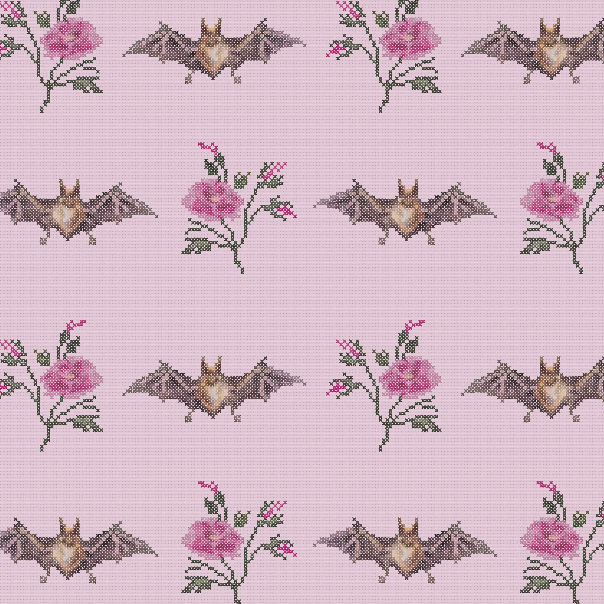 ArtStation - Cross Stitch Bats and Roses Surface Pattern - Digital Art