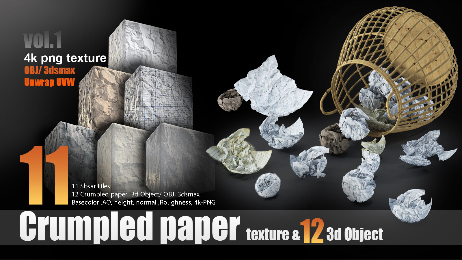 ArtStation - 11 crumpled paper PBR texture and 12 crumpled paper 3d Object