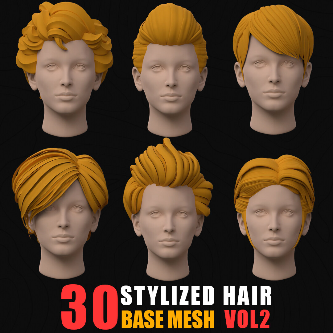 3D Assets Repository - 30 Stylized Hair Base Mesh - VOL 02