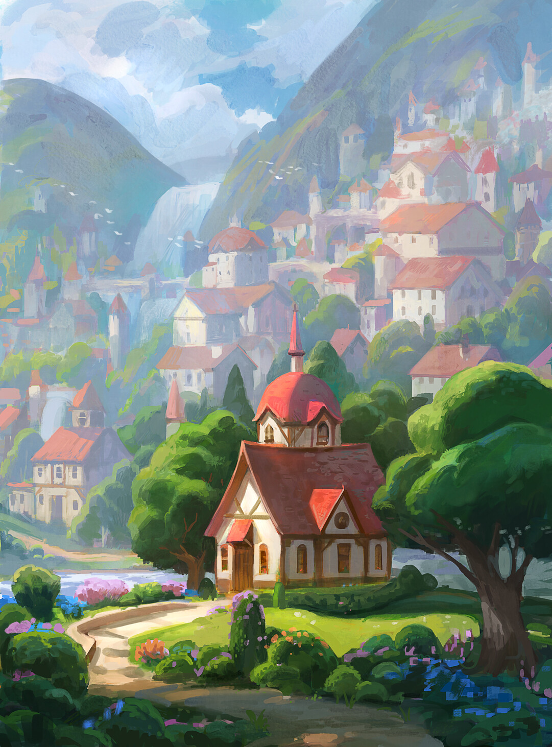 ArtStation - Waterfall Town Sketch