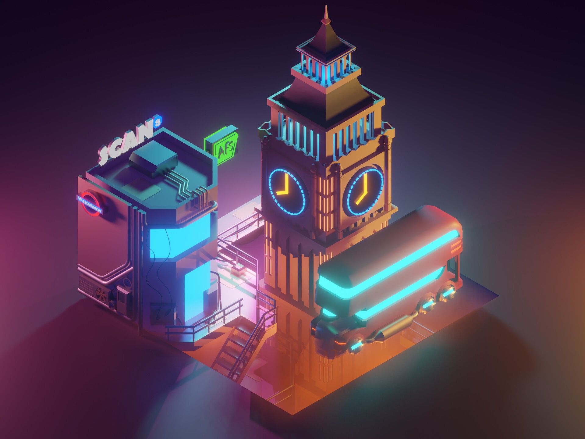 ArtStation - Cyberpunk London Isometric Scene