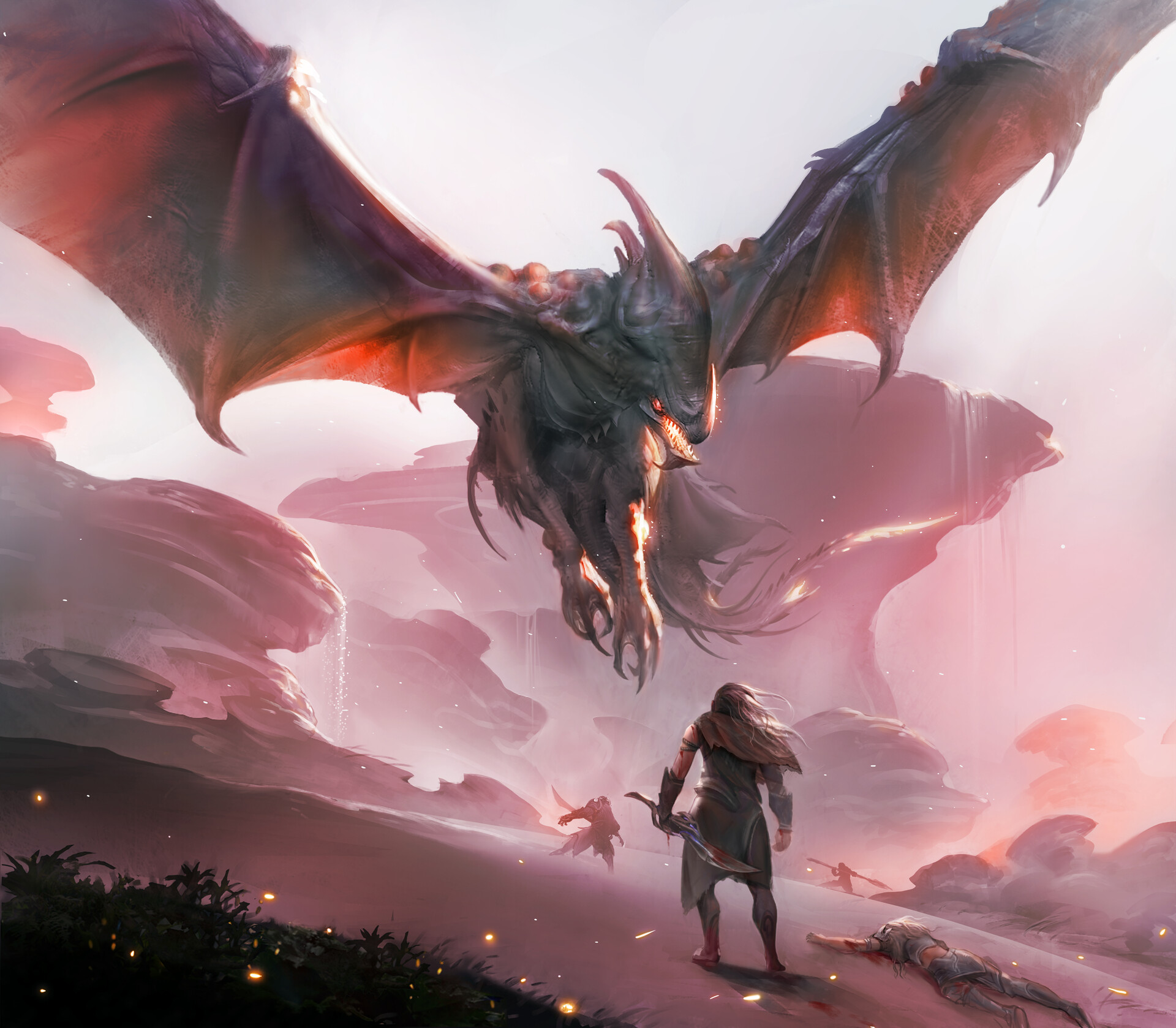 ArtStation - Yeager HUNTER LEGEND-叙事插画，猎人同伴垂死挣扎和毒爆龙战斗。