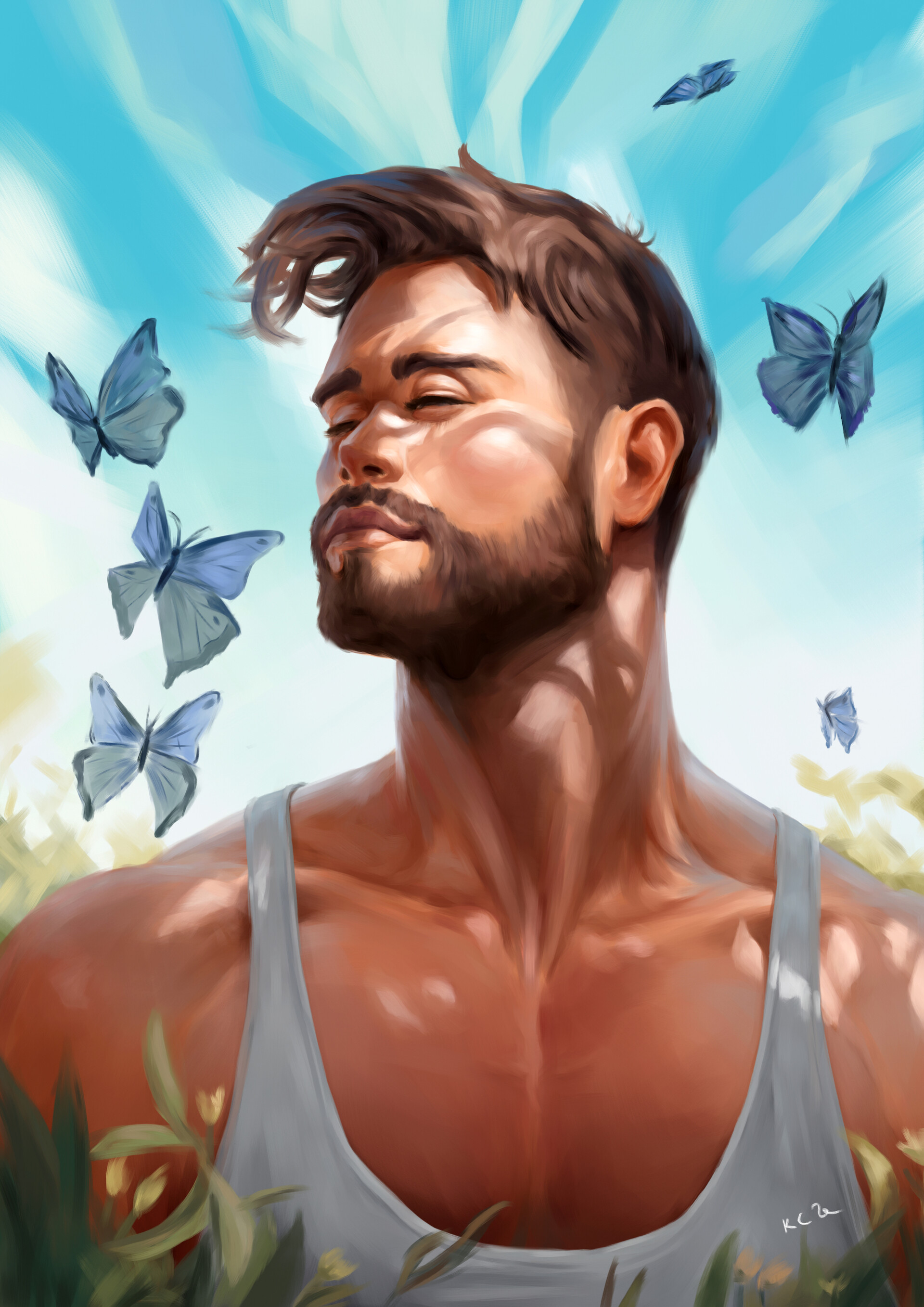 ArtStation - Man and Butterflies: Serenity Under the Blue Sky
