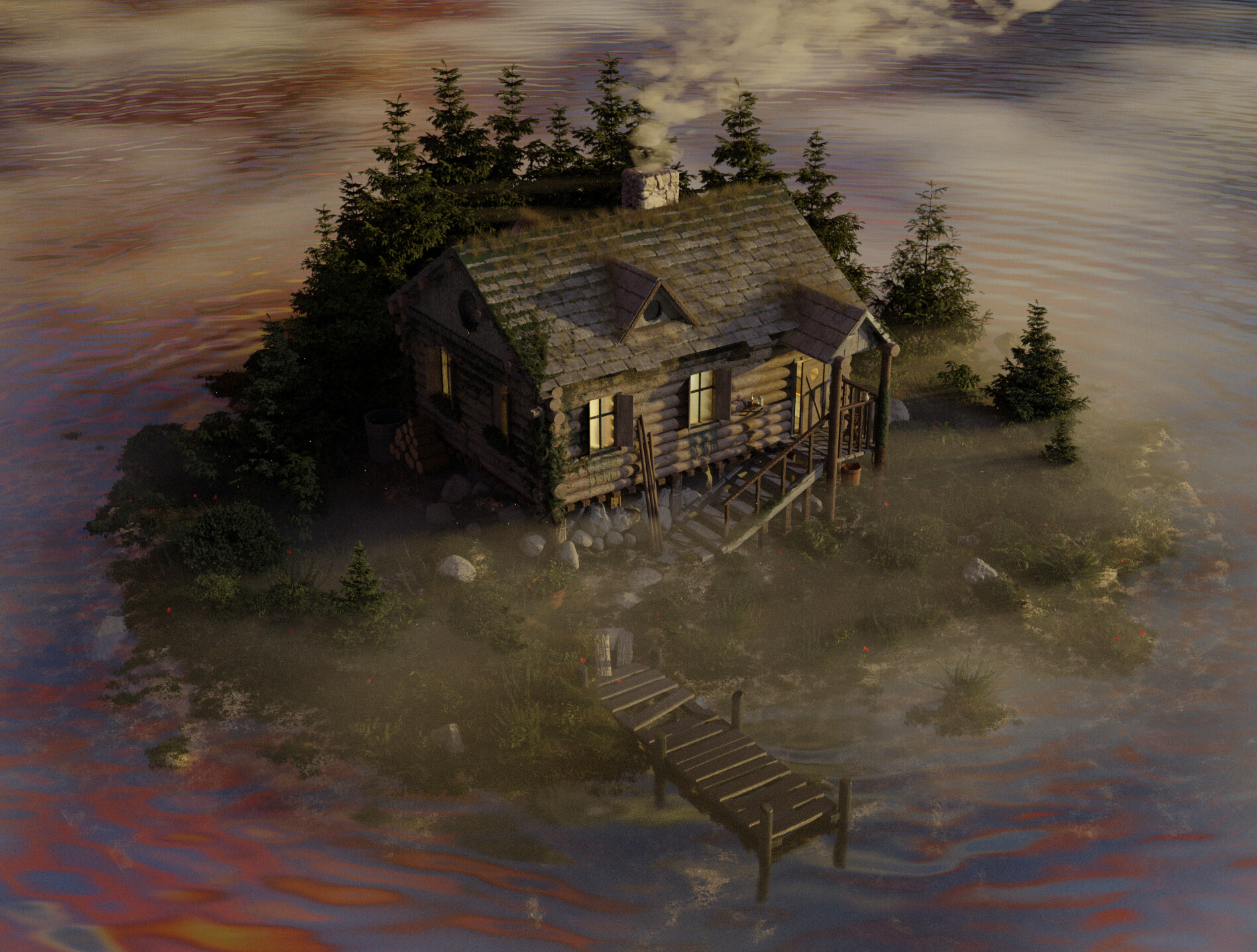 ArtStation - Cabin on a lake.