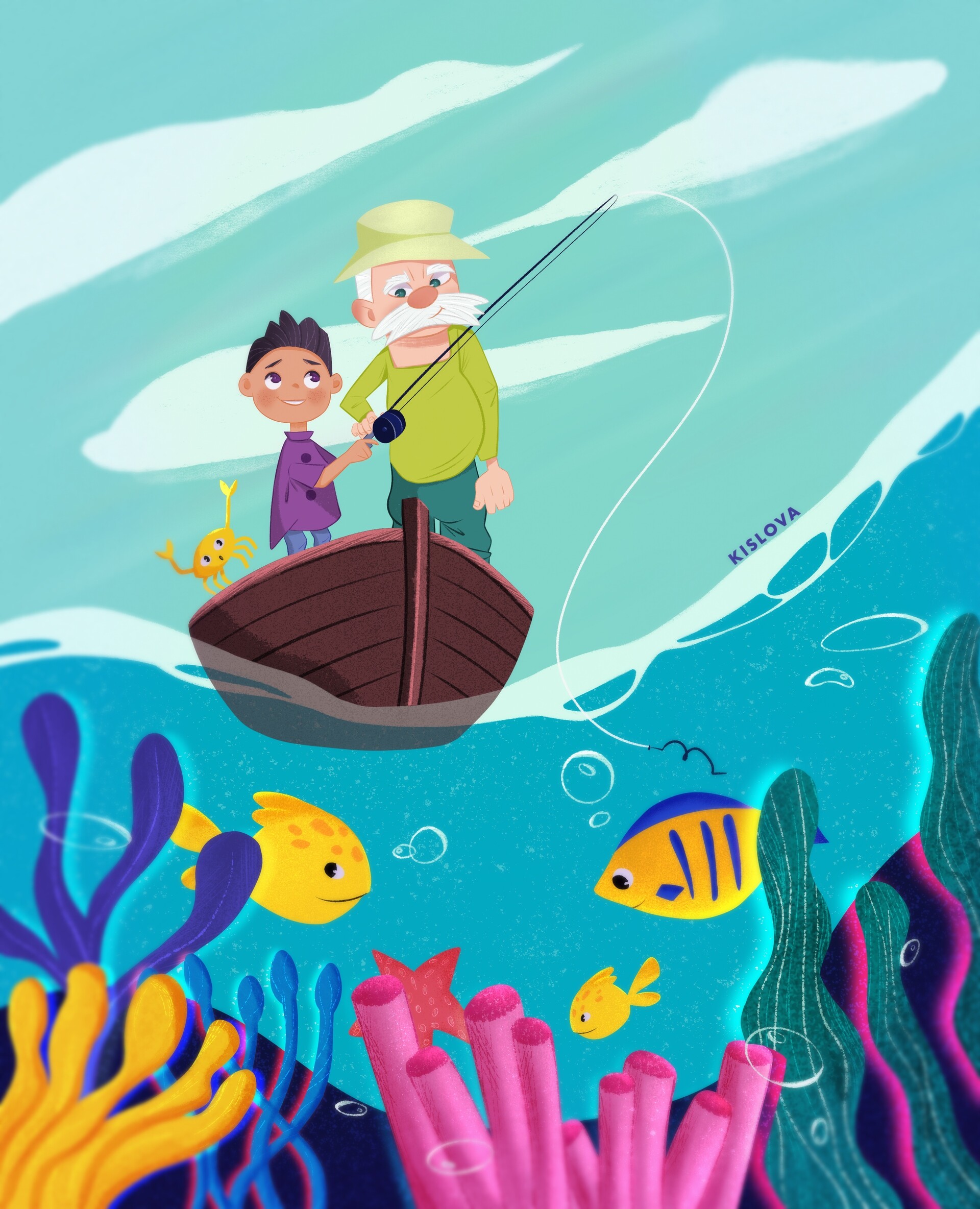 ArtStation - Grandfather and grandson are fishing
