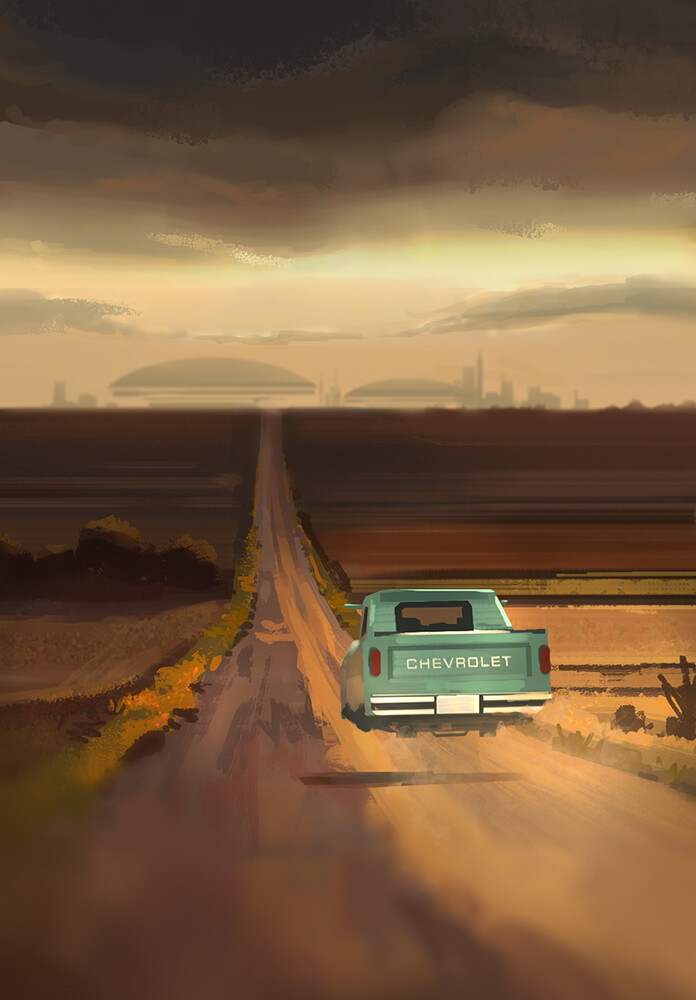Car Driving Into Sunset Drawing
