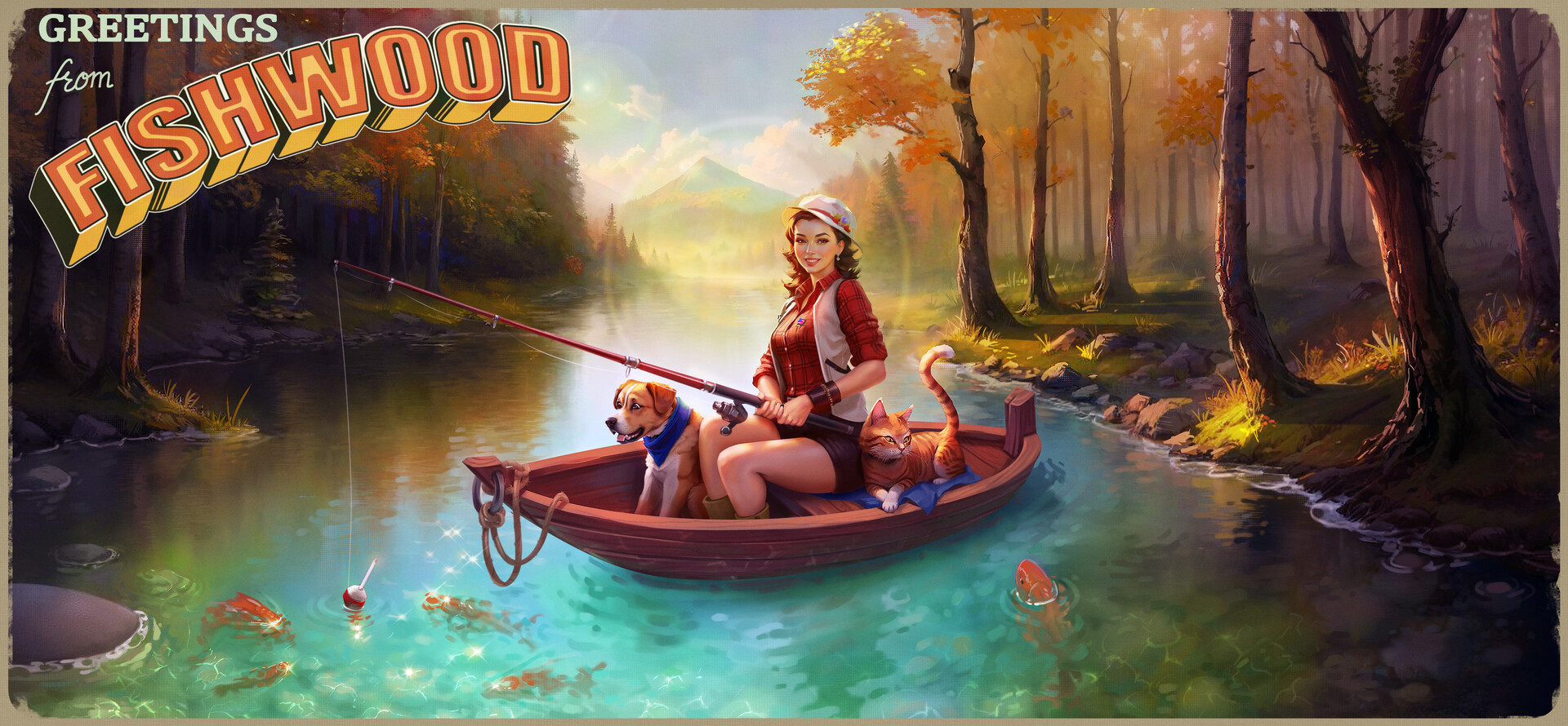 ArtStation - Pinup girl fishing with her pets on the river. Autumn landscape.