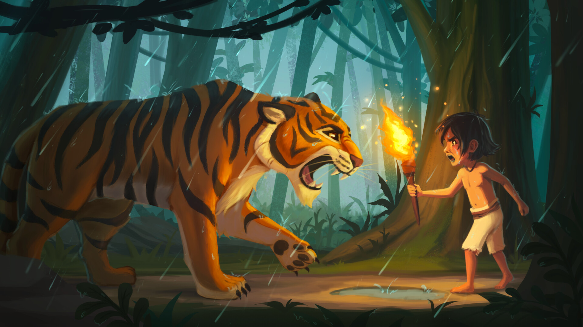 ArtStation - Mowgli and Sherkhan battle