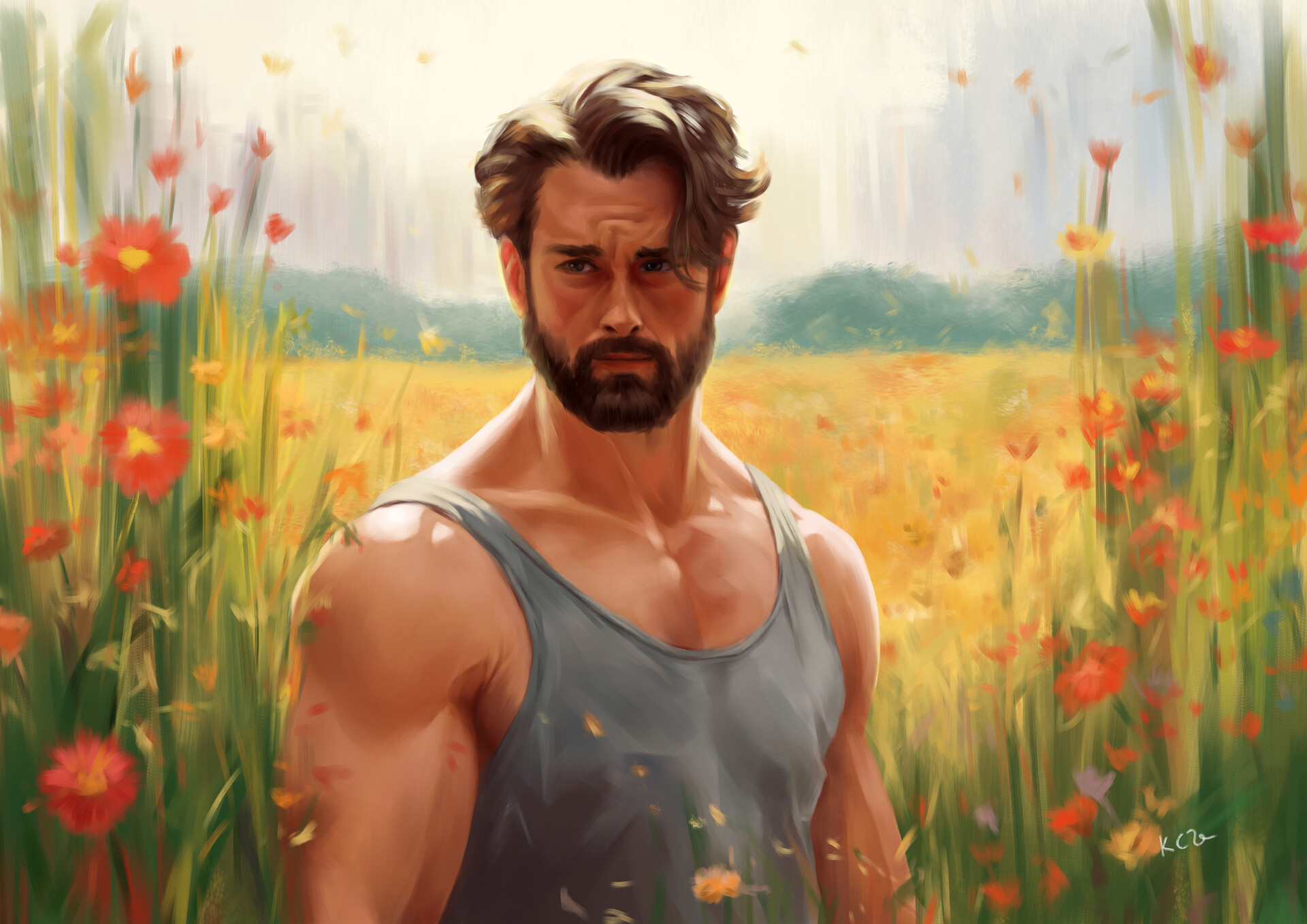 ArtStation - Serene Beauty: Bearded Man in a Field of Flowers
