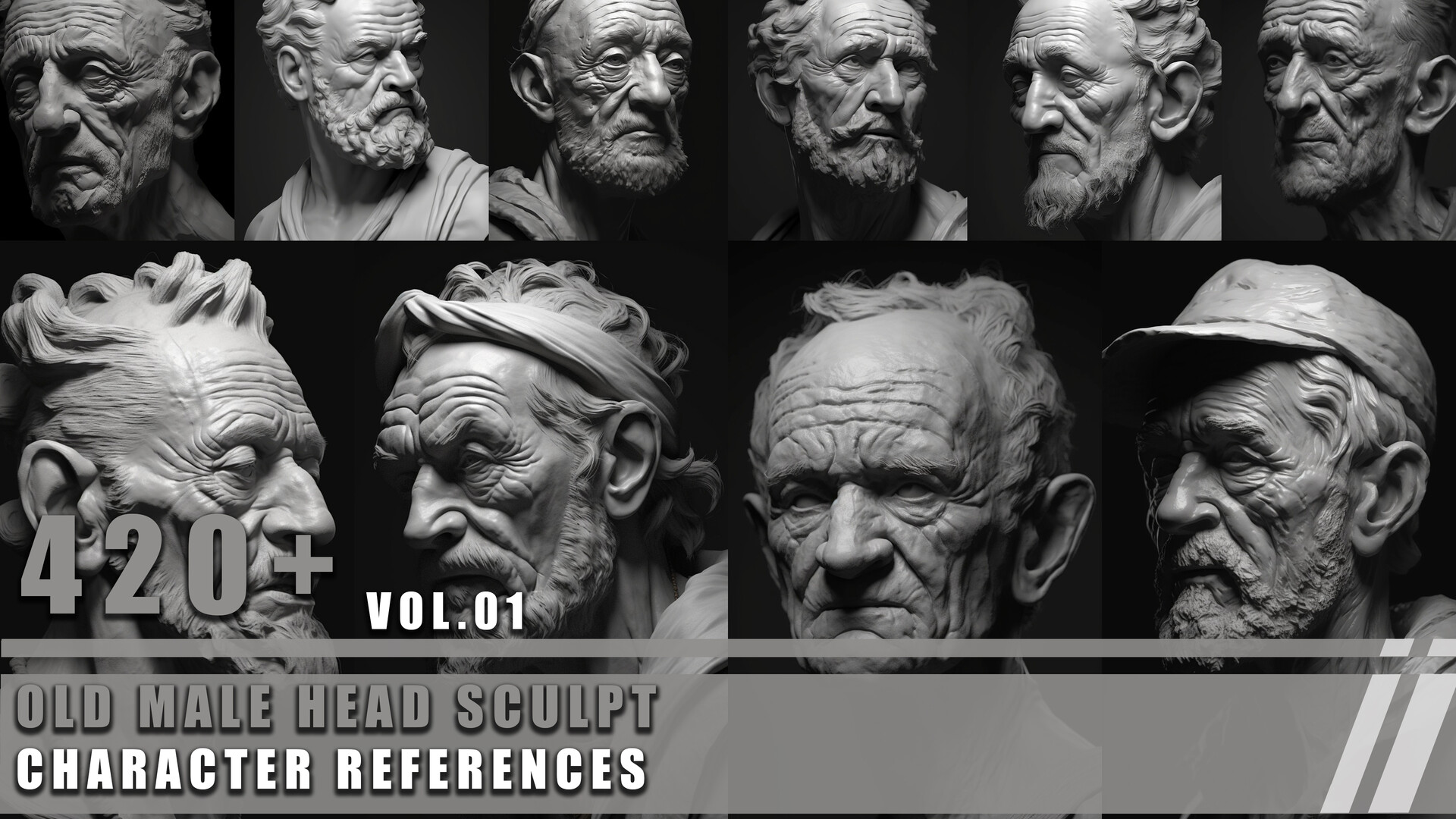 Wayline Arts - 420+ Old Male Head Sculpt - Character References Vol.01