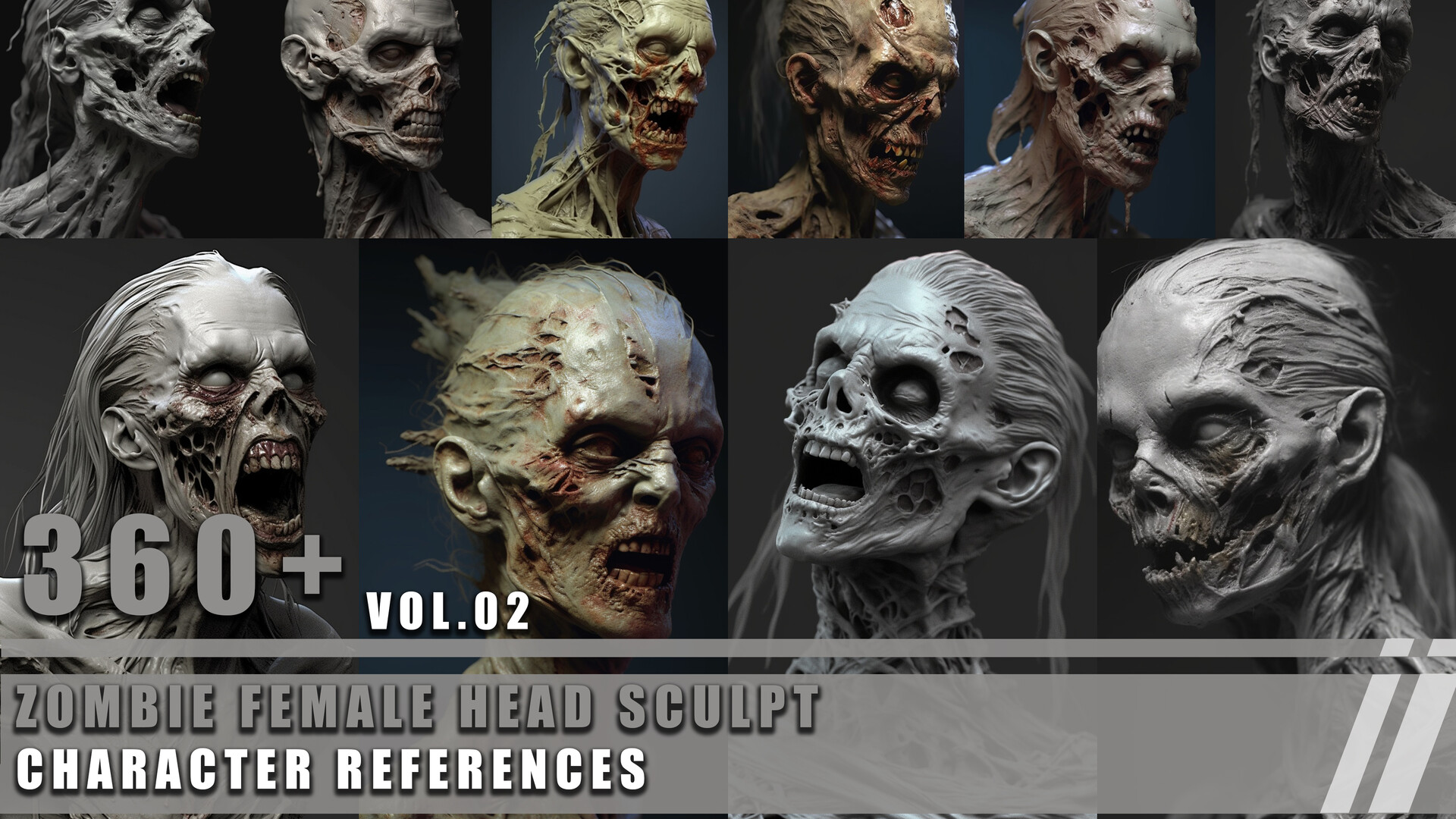 Wayline Arts - 360+ Zombie Female Head Sculpt - Character References Vol.02