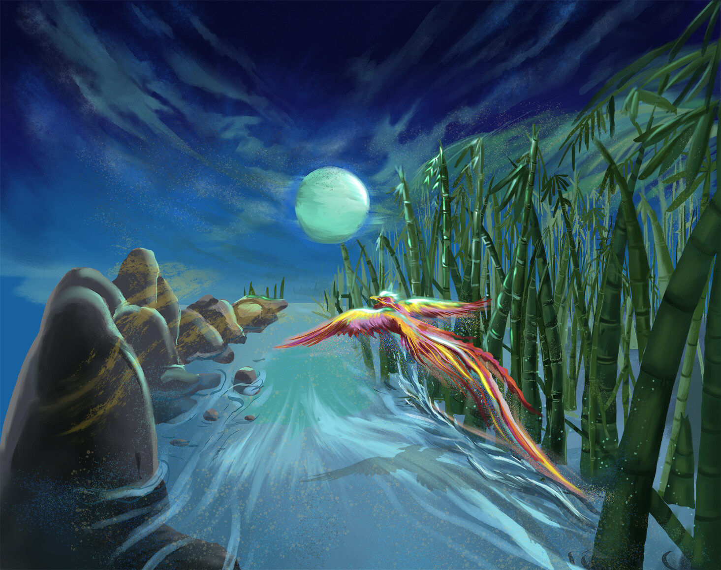 ArtStation - Phoenix over bamboo forest
