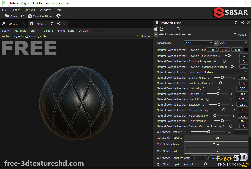 3D textures PBR free Download - Black Diamond Leather Double Stitch ...