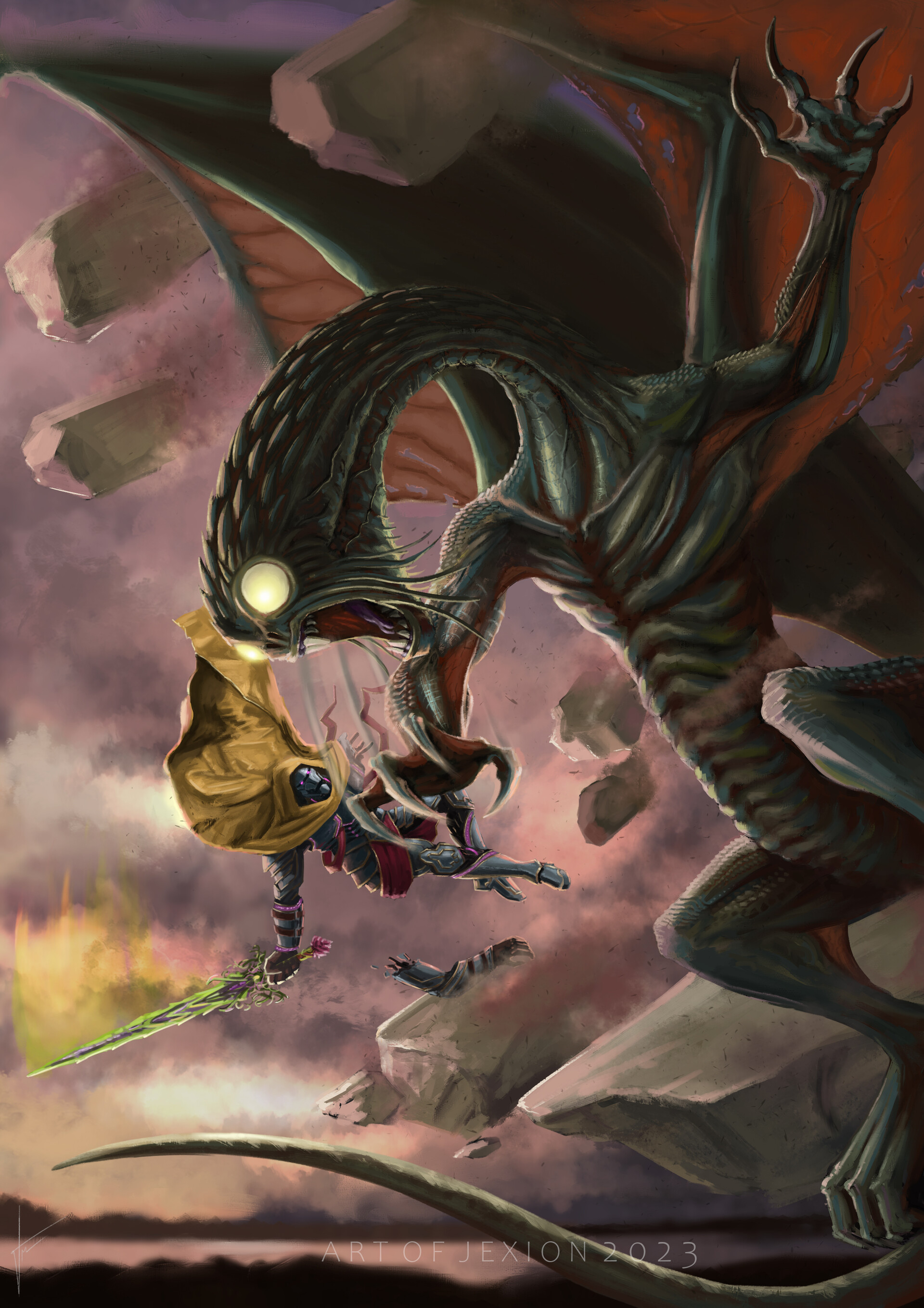 ArtStation - Freefall battle of a Kolyarut vs The Jabberwock