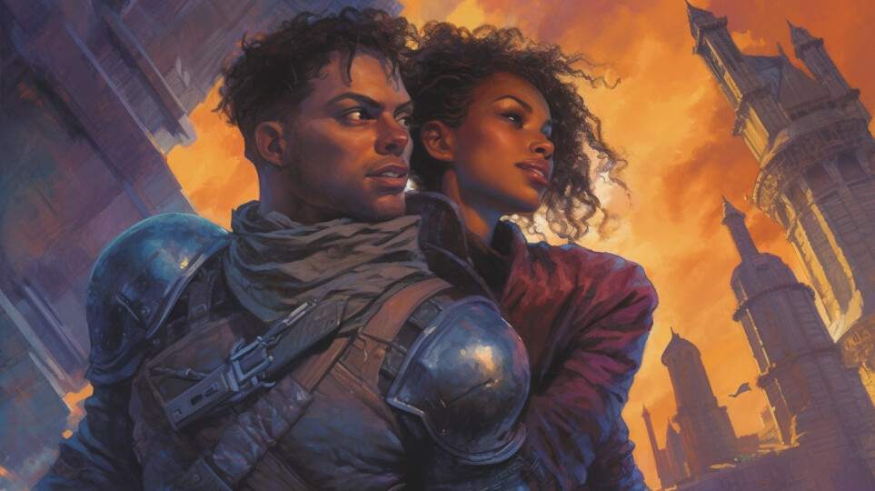 Midjourney Rando - a cyberpunk (fantasy) hero carrying a gorgeous ebony ...