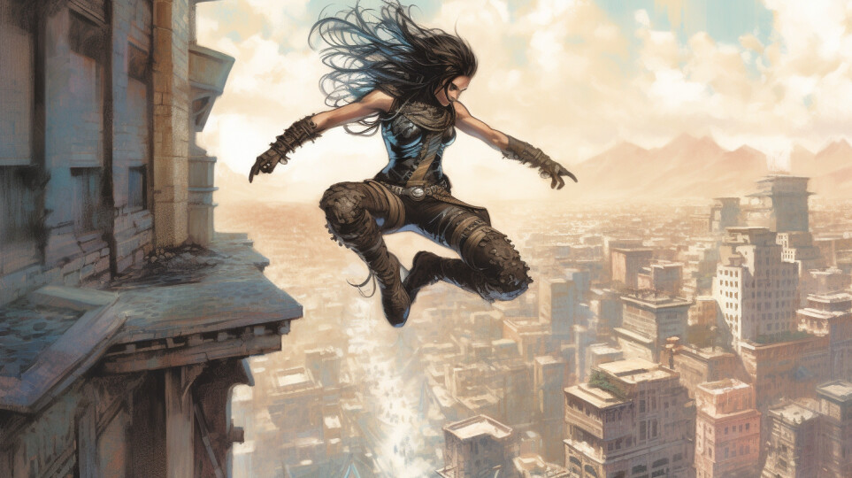 Midjourney Rando - fantasy cyberpunk ninja woman jumping off the edge ...