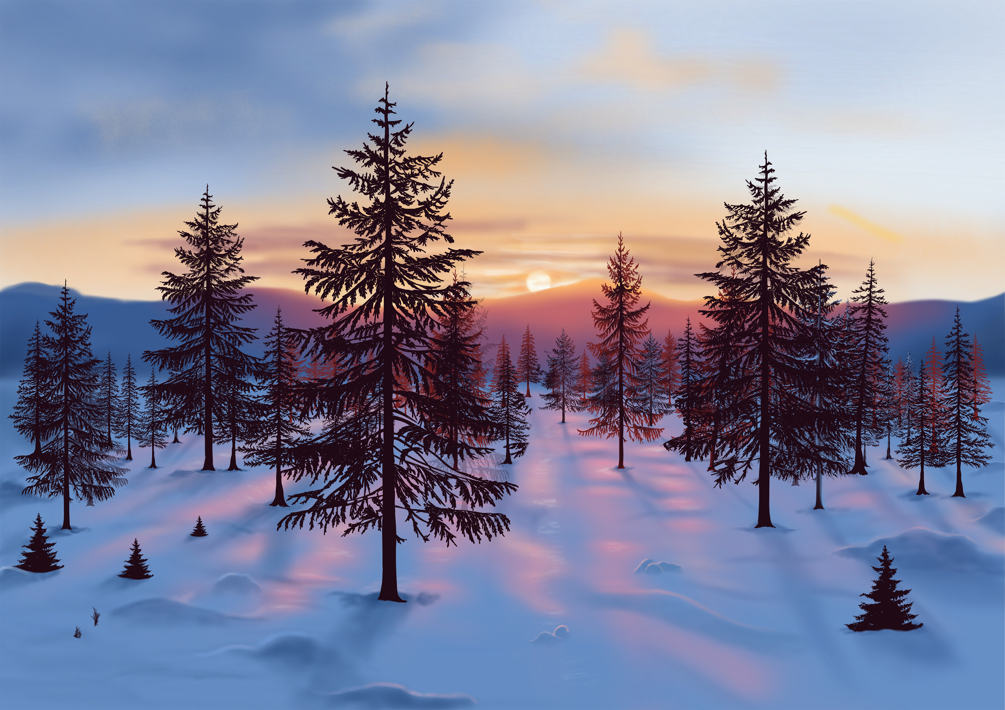 Sunset Snowy Forest