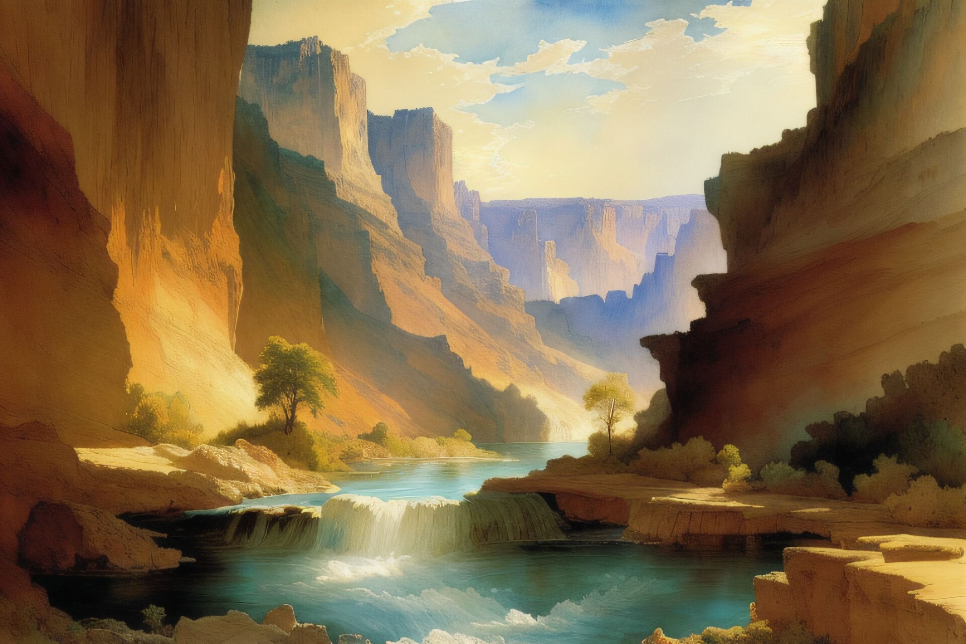 ArtStation - Watercolor painting, a tranquil scene of a river cutting through a canyon
