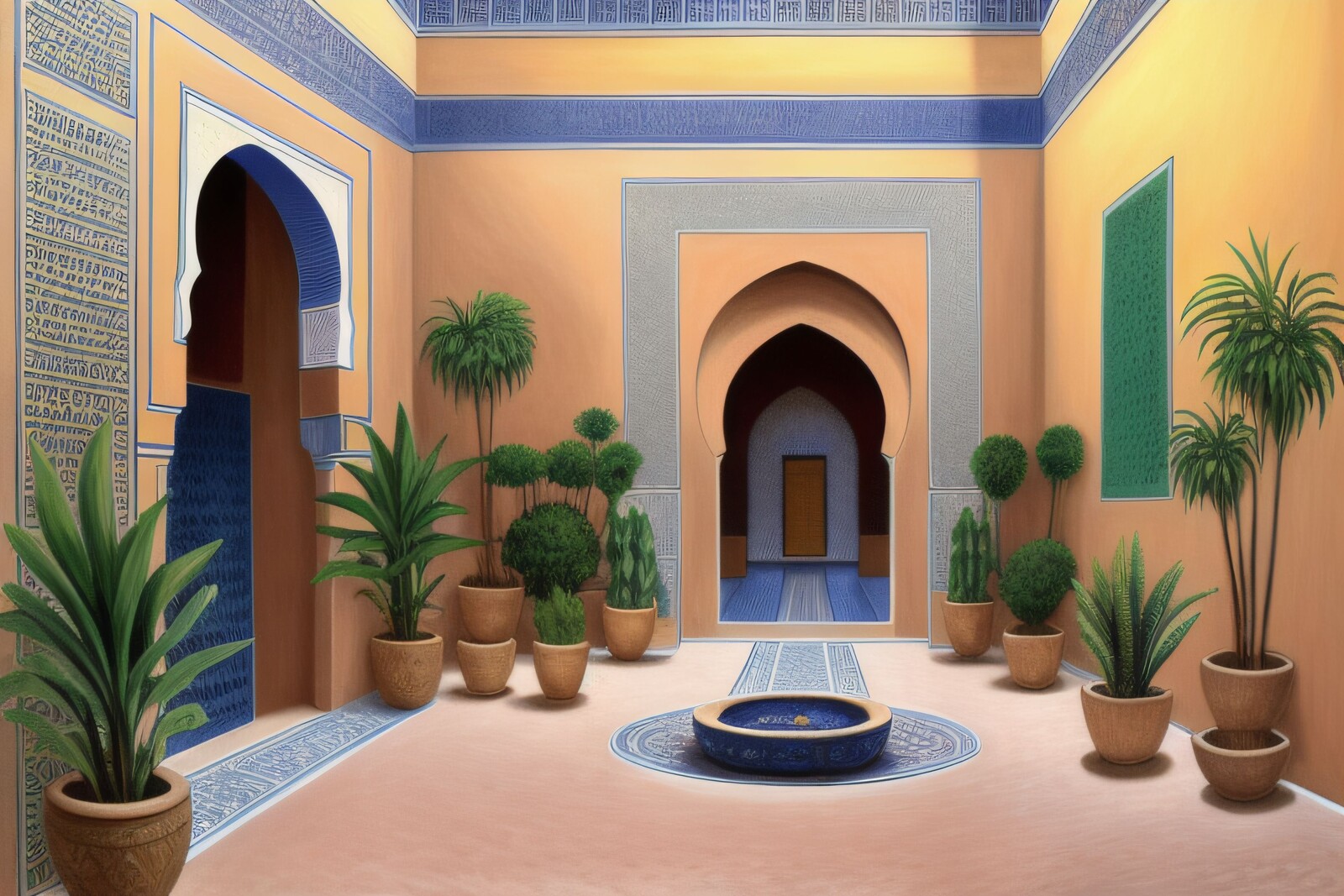 the_french_artist - Oil painting, a traditional Moroccan riad with a ...