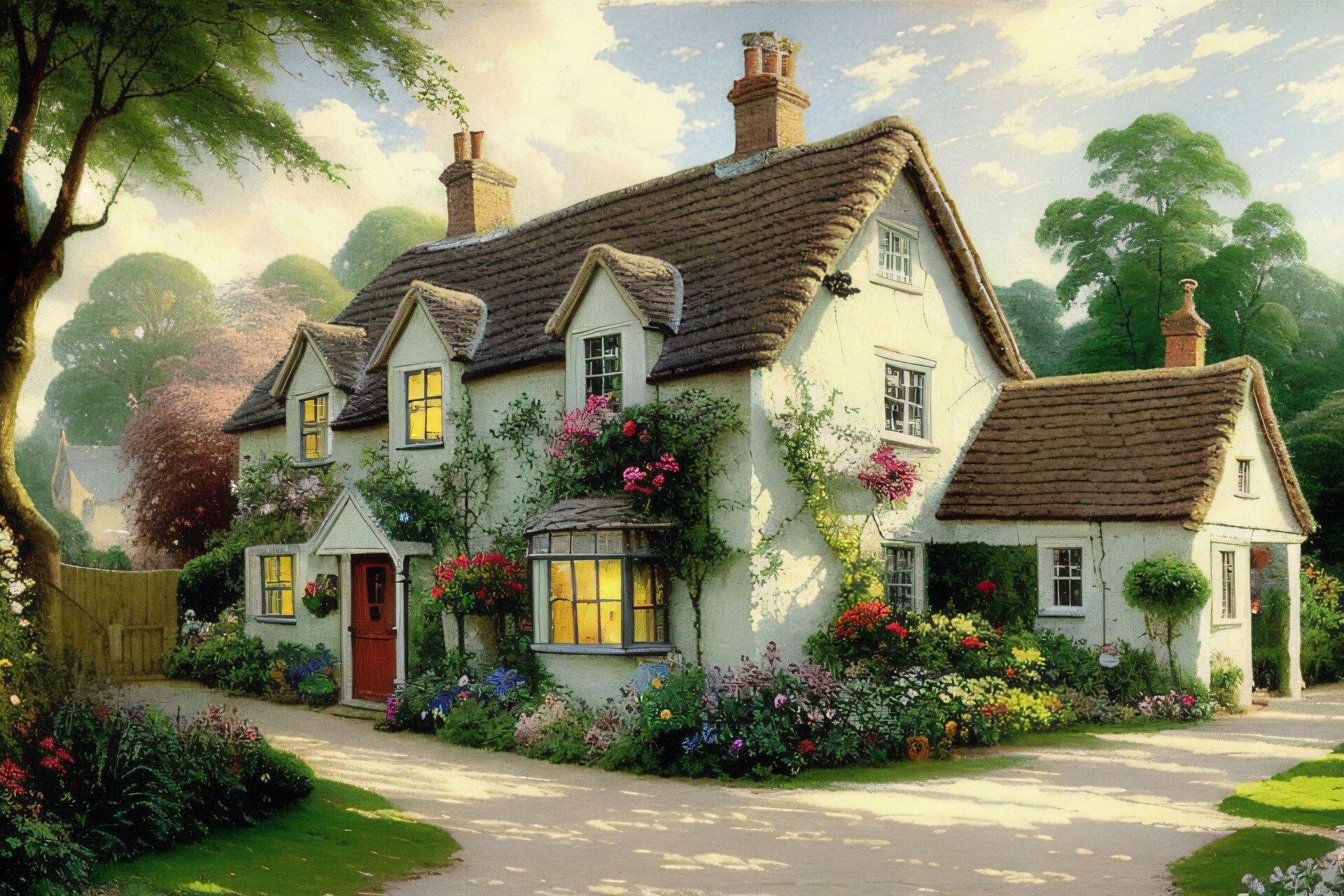 the_french_artist - Oil painting, a quaint English cottage surrounded ...