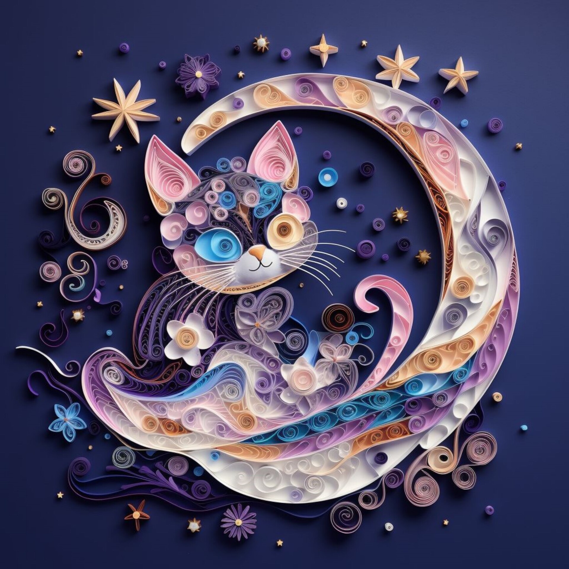 ArtStation - Illustration of a cat with a moon and stars on a blue ...