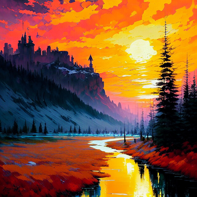 ArtStation - castle by a river at sunset