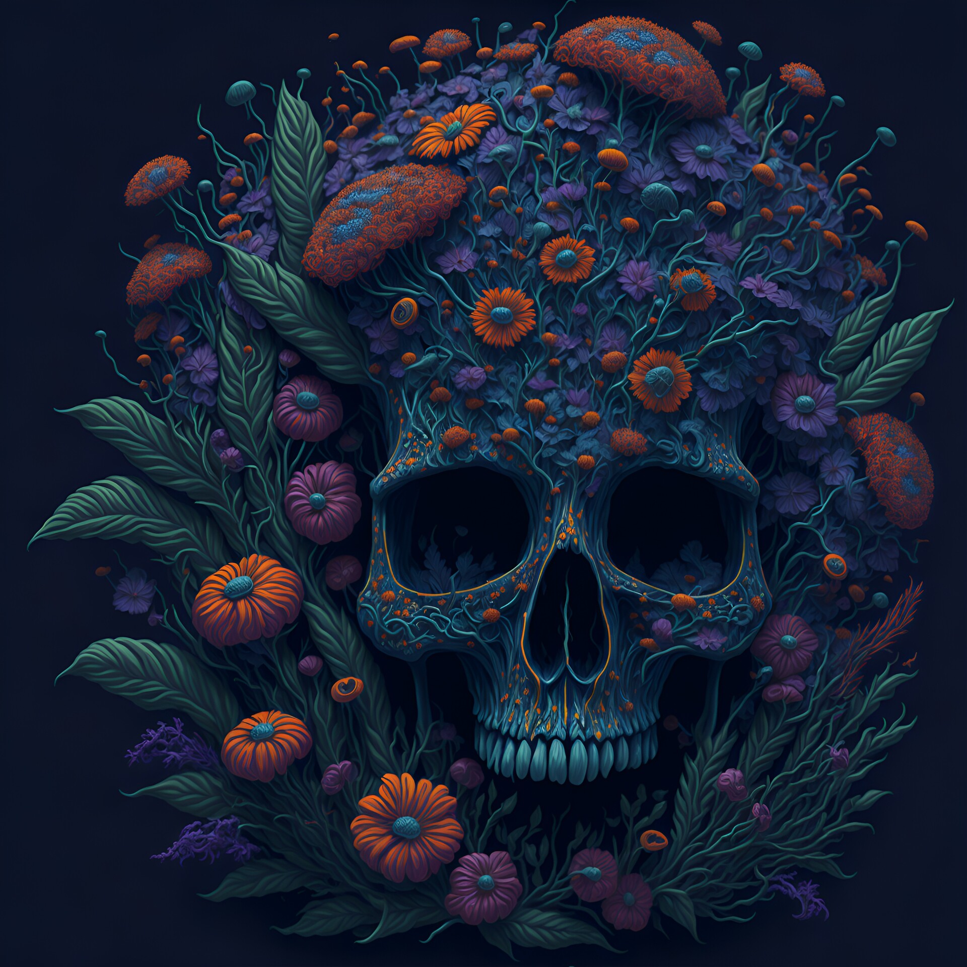 ArtStation - Psychedelic Enigma: Flowers, Mushrooms & Skull!