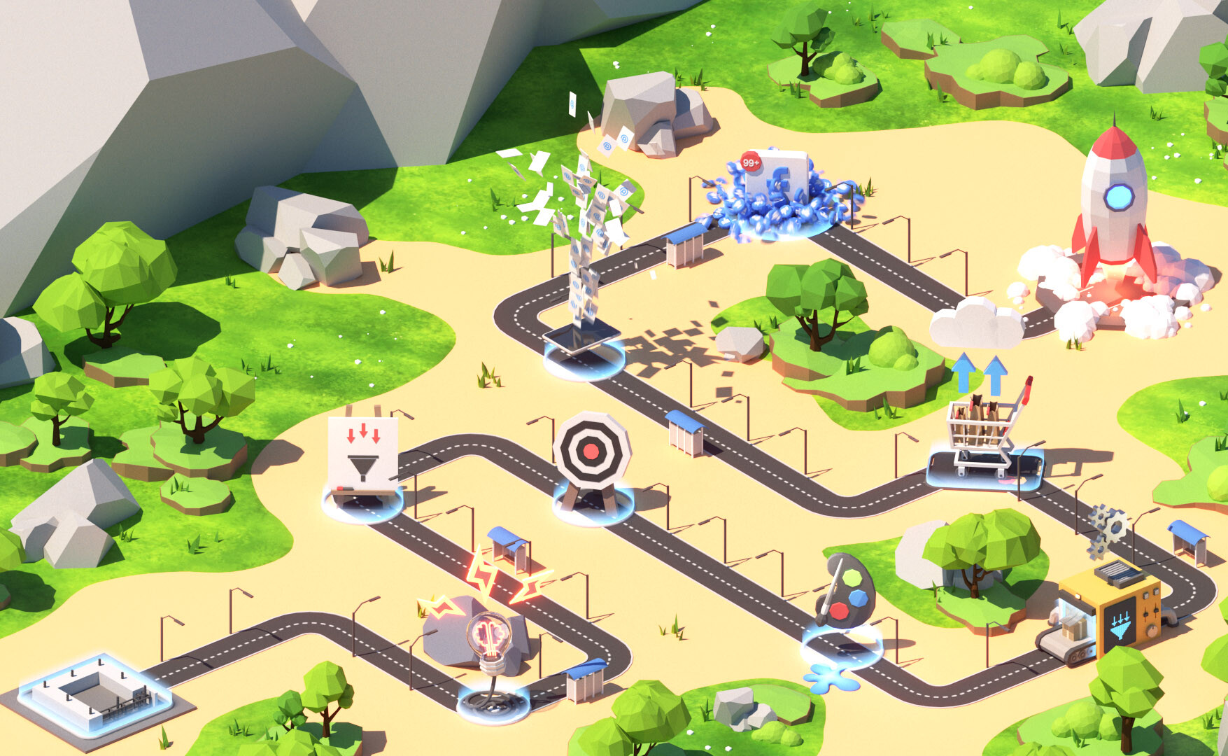 ArtStation - Cartoon Isometric Map Animation (Rocket launch)