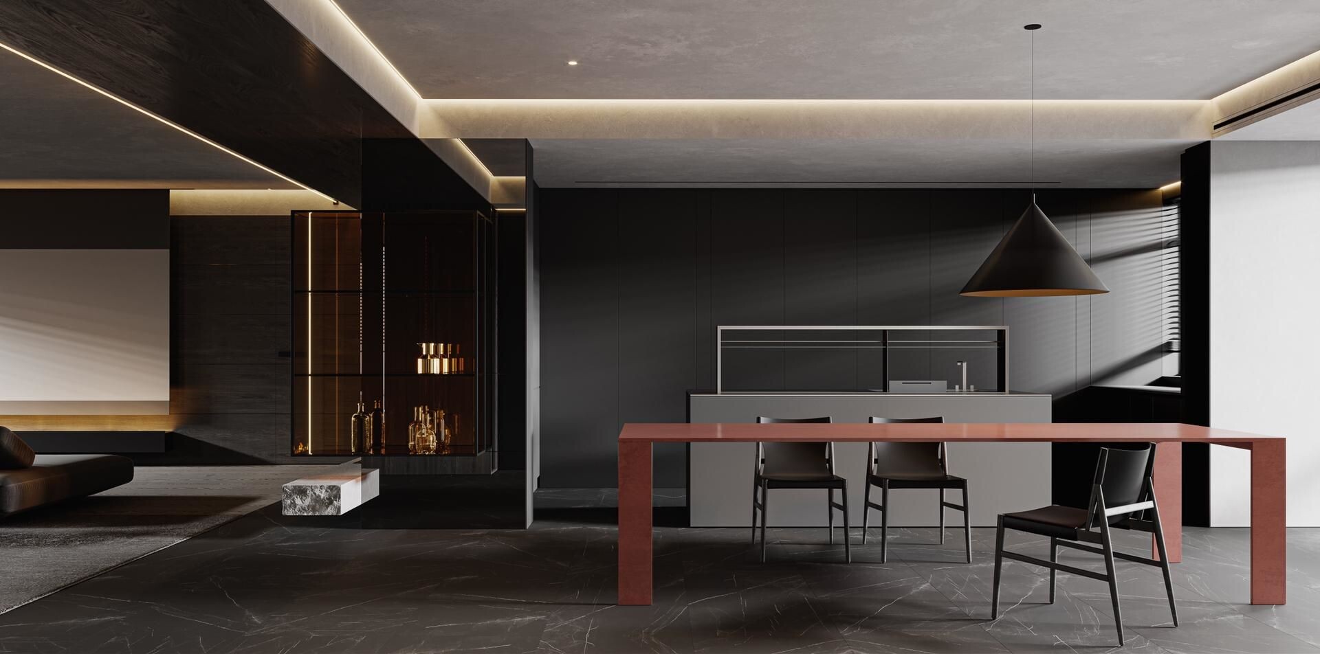 Grace Long - 3D interior visualization of modern dark apartment