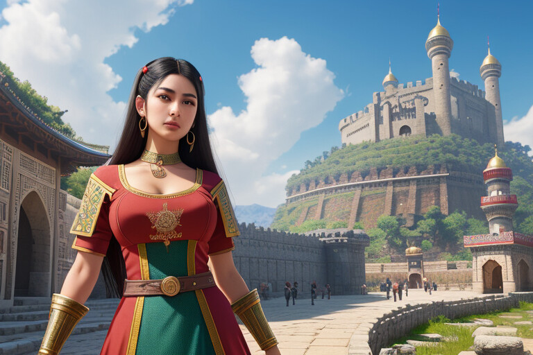 ArtStation - portrait of a woman standing in a front of eastern castle